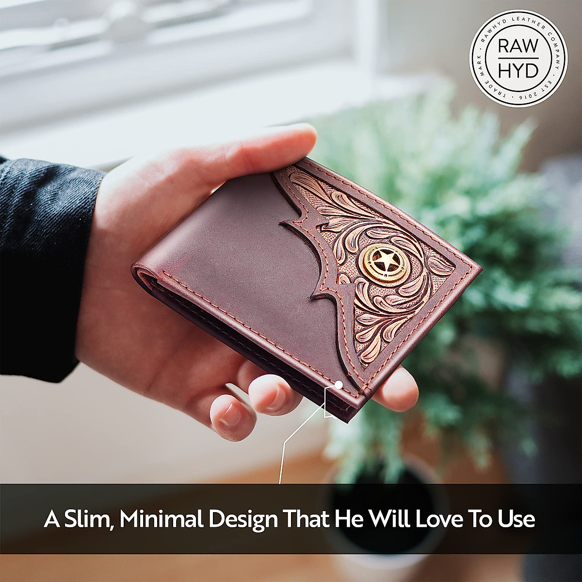 RAW HYD Bifold Wallet for Men (Bourbon Brown) - RFID Blocking Men’s Leather Wallet w/Star Concho - Full Grain, Tooled RFID wallet for men - Slim & Compact Cowboy Wallet - Great Western Gifts for Men