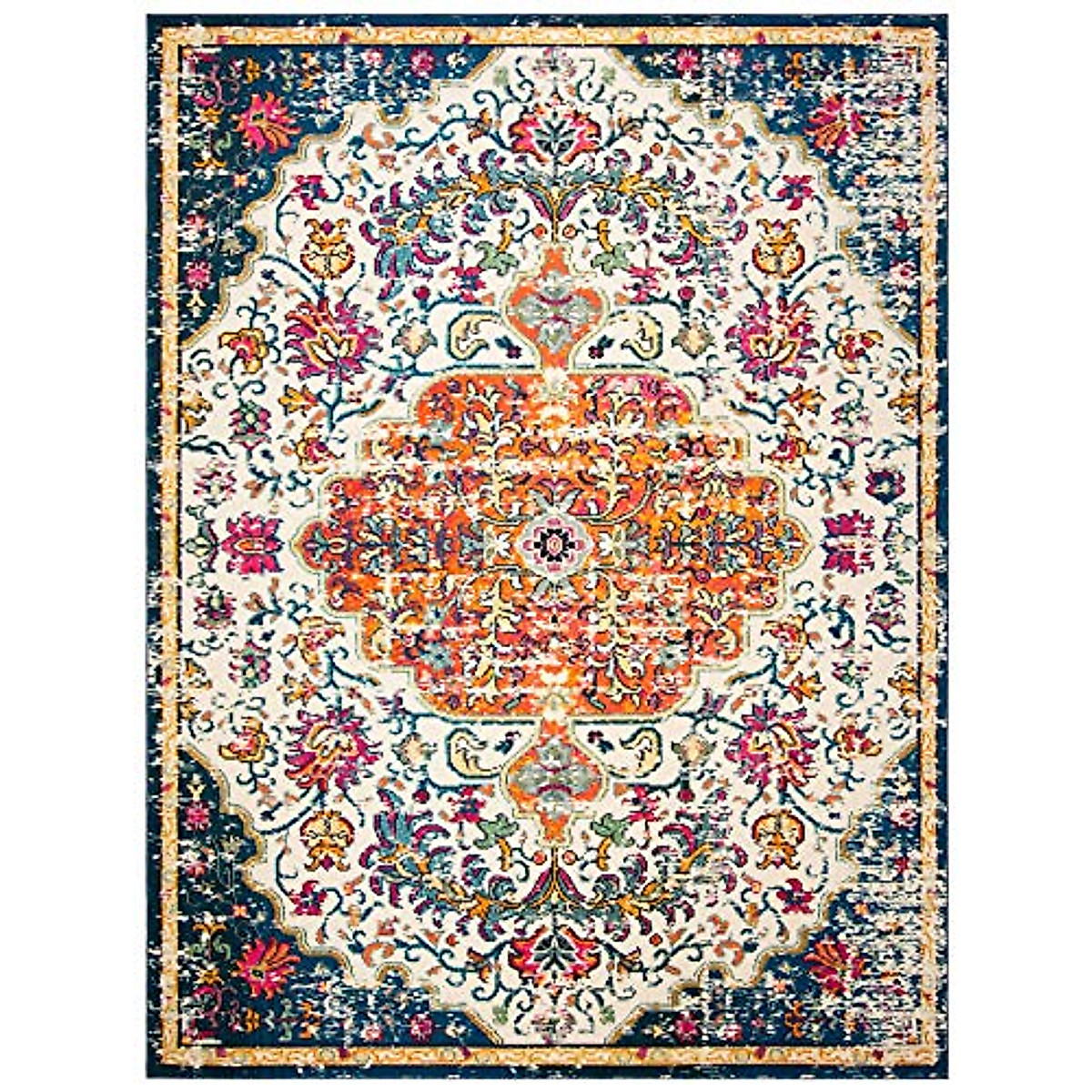 SAFAVIEH Madison Collection 8' x 10' Ivory / Orange MAD447A Boho Chic Medallion Distressed Non-Shedding Living Room Bedroom Dining Home Office Area Rug