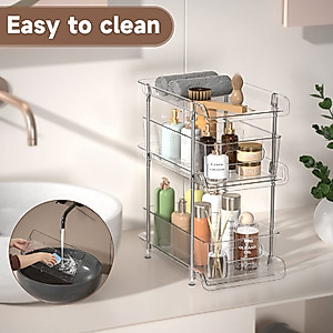 3 Tier Clear Bathroom Organizer with Dividers, Multi-Purpose Pull-Out Pantry Organization and Storage, Under Sink Closet Organizers and Storage, Vanity Skincare Cosmetic Organizer Medicine Bins