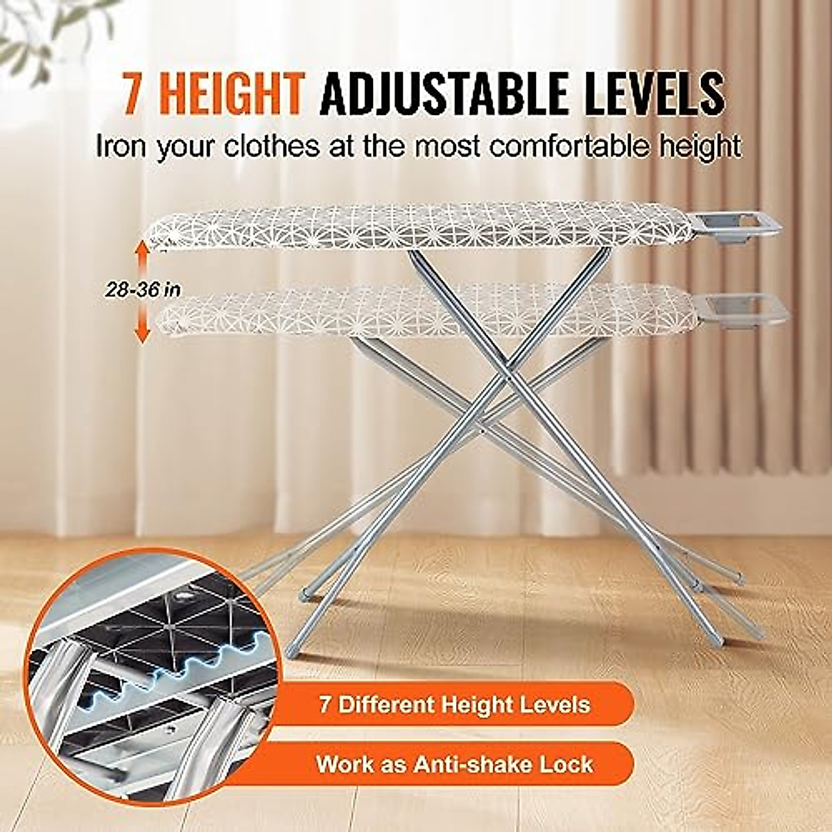 VEVOR Ironing Board with Large 51 x 13 Ironing Surface, Thickened 4 Layers Iron Board with Heat Resistant Cover and 100% Cotton Cover, 7 Adjustable Heights Ironing Board for Home Laundry Room Use