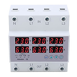 Fewb Digital 3 Phase DIN Rail Voltmeter Ammeter, AC 390‑500V Electricity Usage Monitor Power Meter Voltage Amps Watt Kwh Frequency Power Factor Meter Multimeter Current Power Tester(63A)