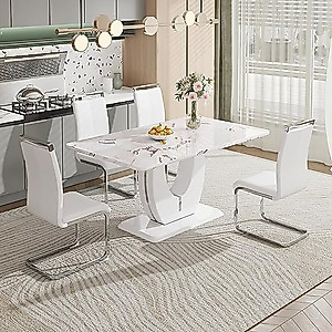 63" Marble Dining Table, Luxurious Dining Room Table with 1.57" Faux Marble Top and U-Shape MDF Pedestal Base, Modern Rectangular Kitchen Dining Table for Living Room Dining Room