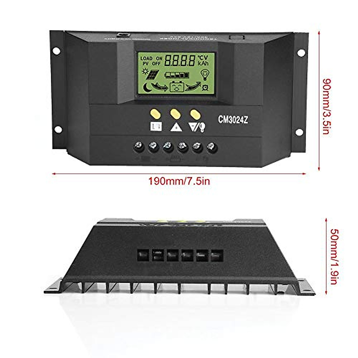 Dual USB Solar Controller, 12V 24V 30A CM3024Z PWM Intelligent Solar Panel Controller Regulator LCD Display for Connecting Battery, Solar Panel and DC Load