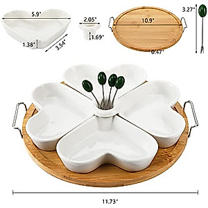 ZEAYEA Appetizer Serving Tray with Bamboo Holder, Ceramic Divided Serving Platter with Food Picks, Relish Tray for Chips and Dip, Veggies, Candy and Snacks, Parties, White
