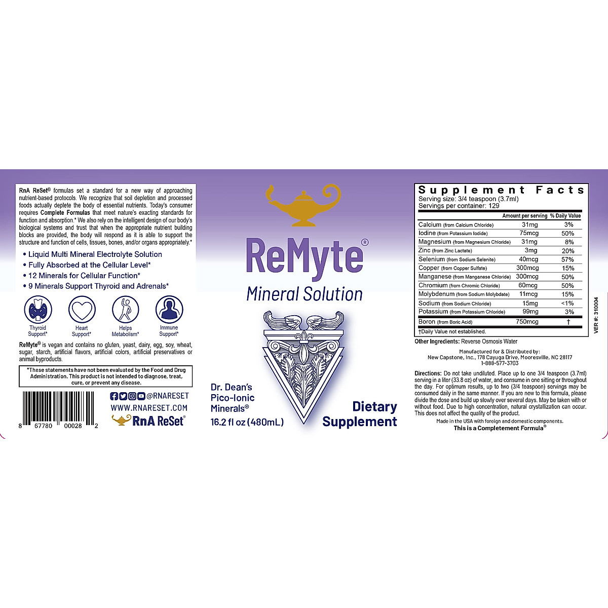 RnA ReSet - ReMyte Electrolyte Mineral Solution, Liquid Multi Mineral, 12 Minerals Including Iodine, Selenium, Zinc, Magnesium, Boron, 480 ml - by Dr. Carolyn Dean (2-Pack)