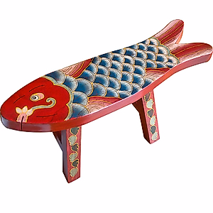 Kelendle Small Wooden Stool Hand Carved Wooden Foot Stool Children's Fish Stool Vintage Wood Stool Crafted Hand-Painted Wood with Two-Legged Stool Red