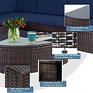SOLAURA Outdoor Patio Furniture Set 6-Piece Brown Wicker Conversation Sets Modular Sectional Sofa Set with Glass Coffee Table (Navy Blue)