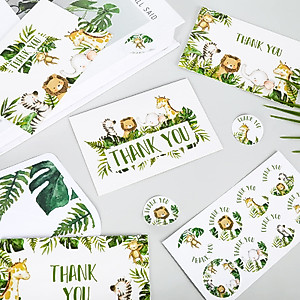 AnyDesign 32 Safari Jungle Thank You Cards with Envelopes Stickers Forest Wild Animals Greenery Greeting Note Cards Gratitude Card Pack for Kids Baby Girls Boy Birthday Baby Shower Party Supplies
