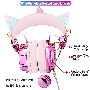 Kids Headphones, Wireless headphones for kids Unicorn headphones for girls Bluetooth headphones w/Mic with Adjustable Headband, Over On Ear Headset for Smartphones/School/Kindle/Tablet/PC Online Study