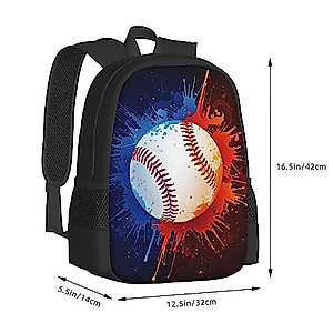 WZOMT Boys Baseball School Backpack Water Fire Baseball Blue Red Splash on Black Knapsack Fashion Laptop Bags Water Resistant Travel Hiking Daypack Bookbag for Kids Girls 17" Durable Rucksack