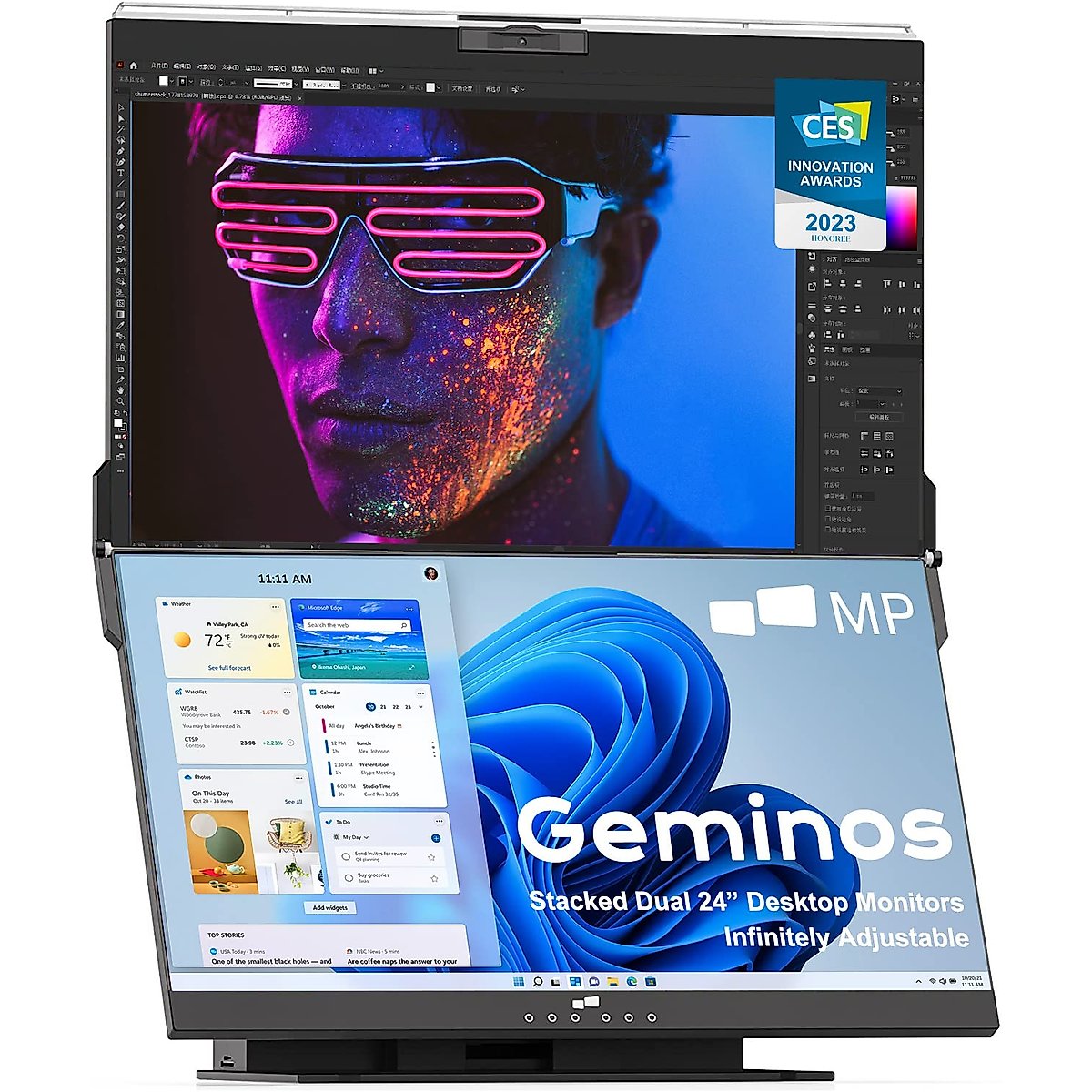 Mobile Pixels Geminos Dual 24" Stacked Computer Monitors with 1080P Webcam&Speakers, 65W USB-C Charging, All-Inclusive Vertical Desktop Monitor, HDMI/USB-A/USB-C, Infinitely Adjustable (2 Monitors)