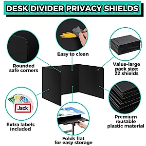 22-Pack Desk Dividers for Students - Durable & Waterproof Plastic Study Carrel Divider, Classroom Folders Teacher Supplies, Easy-to-Clean Plastic Privacy Shield Folder Boards for Student Desks, Black