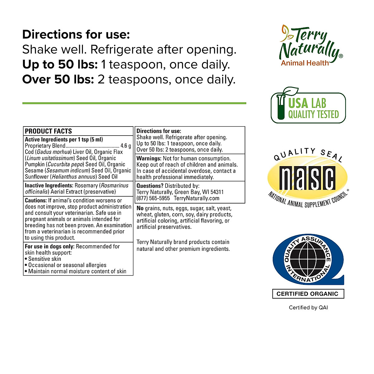 Terry Naturally Animal Health Omega Skincare - 8 fl oz - with Omega-3, -6, -9, Flax, Pumpkin, Sunflower & Sesame Seed Oil - Canine Only - 47 Servings