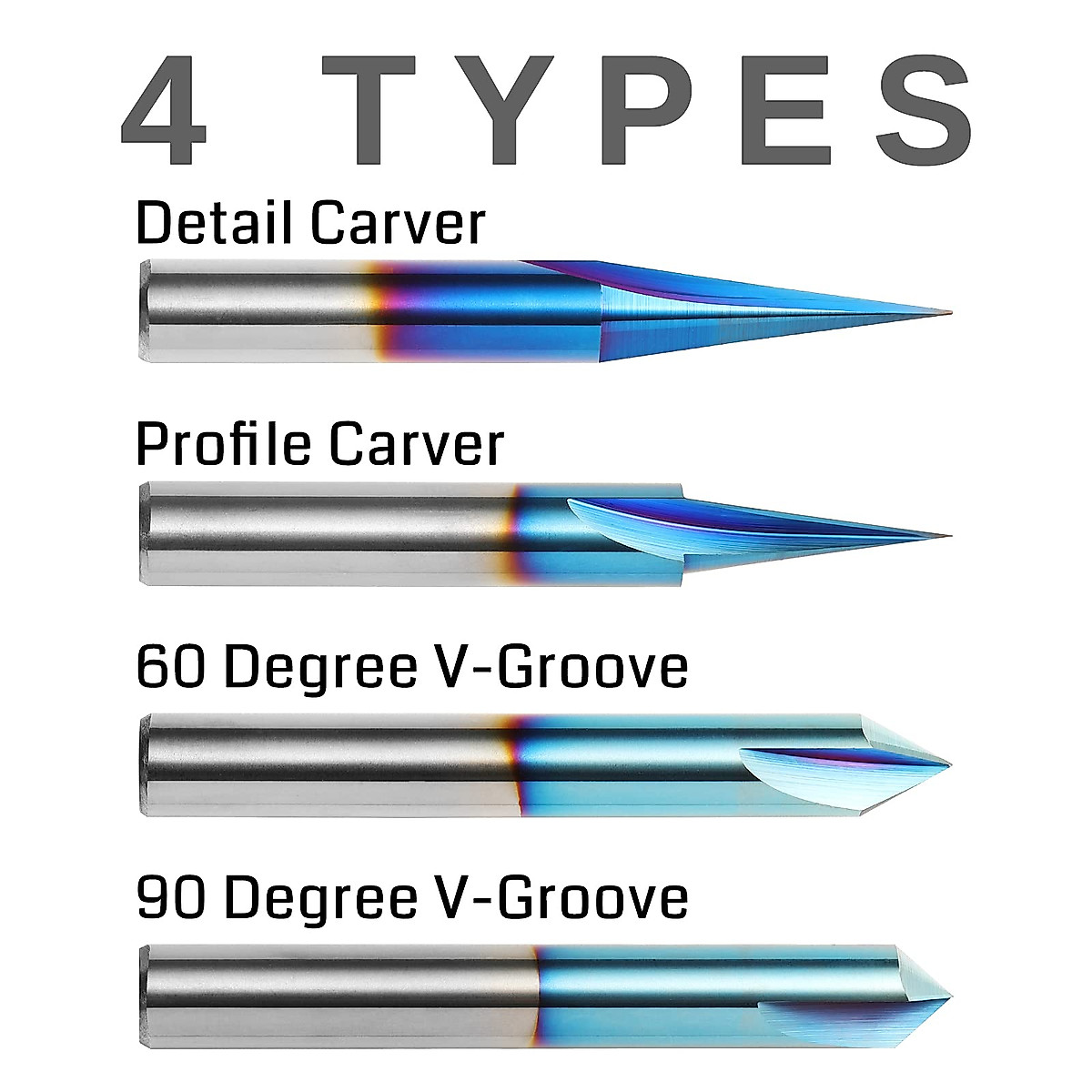 Genmitsu CNC Wood Carving Router Bits Set, 1/4'' Shank, 4 PCS, 15° Detail Carving Liner+ 20° Profile bit+ 60° & 90° V Groove, WC04A
