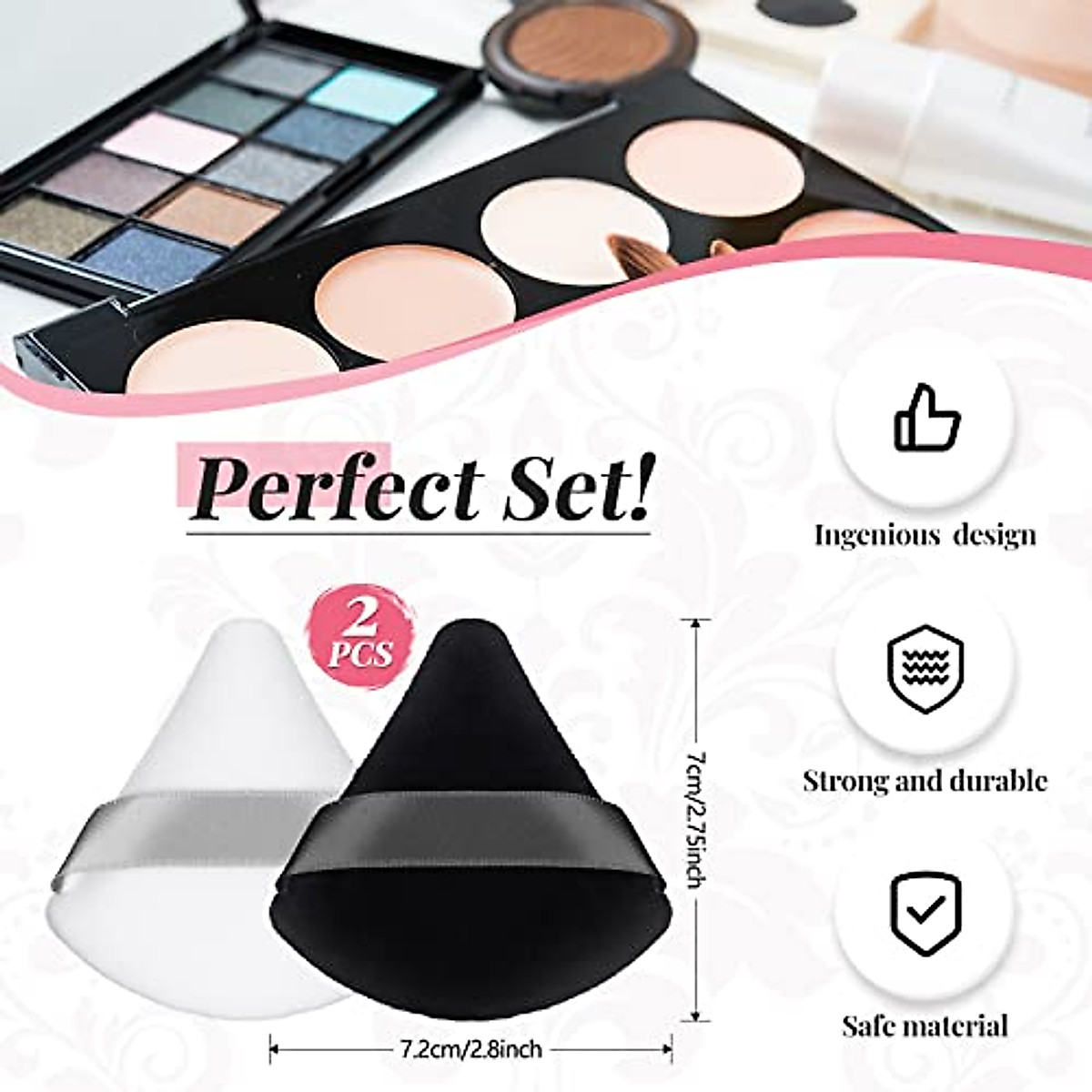 Patelai 2 Pcs Powder Puff Makeup Puff Triangle Powder Puff Soft Powder Sponge Reusable Triangle Sponges with Strap for Loose Powder Cosmetic Foundation Wet Dry Makeup (Black, White)