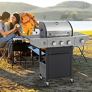 Lepfun High-Performance 3 Burner 9550 BTU Gas Hood & Side Shelves Heavy Duty Flat Top Griddle Grill Station, Barbecue Grill Stainless Steel Gas Grill with Side Burner and Thermometer for BBQ, Camping