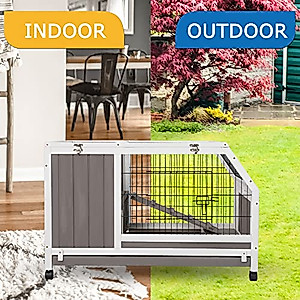 Petscosset Rabbit Hutch Indoor - Rabbit Cage Indoor Rabbit Hutch Two Story Bunny Cage Wooden Rabbit Cage on Wheels, Ramp, Two Deep No Leak Pull Out Tray (RAB Hutch 08 Grey)