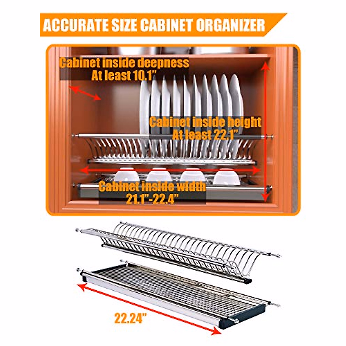 Kitchen Hardware Collection 2 Tier Cabinet Dish Drying Rack Stainless Steel 22.24 Inch Length 20 Dish Slots Kitchen Plate Bowl Utensils Cups Draining Rack Organizer with Drainboard