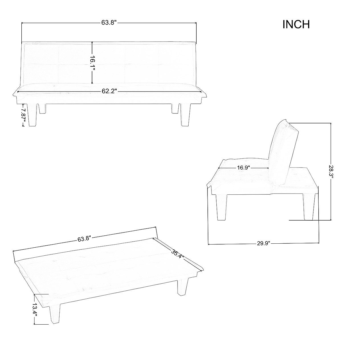 KELRIA Convertible Folding Sofa Bed, Modern Futon Upholstered Couch Backrest, 3 Angles Adjustable Back for Compact Living Spaces,Apartments Office Dorms, Black