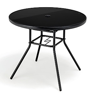 Tangkula 34 Inch Patio Dining Table, Round Tempered Glass Table with 1.5” Umbrella Hole, Heavy-Duty Metal Frame, Outdoor Metal Dining Table for Garden, Balcony, Porch
