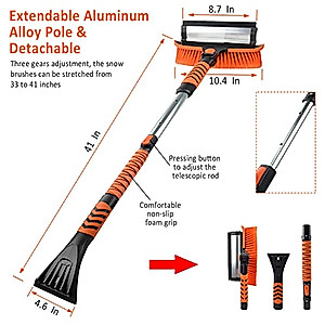 ATDIAG 41" Snow Brush and Ice Scraper for Car Windshield,270° Pivoting Brush Head with Squeegee,Telescoping Ice Scraper, Foam Grip,3 in 1 Extendable Snow Scraper and Brush for Car Trucks SUV, Orange