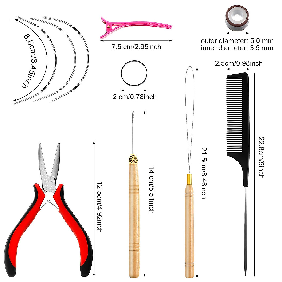 Chuangdi Sew in Hair Extension Tool Kit, 600 Silicone Lined Micro Ring Beads 1 Pliers 2 Hook Needle Pulling Loop 10 Curved Hair Needle 4 Alligator Clips 1 Comb 100 Black Mini Rubber Band