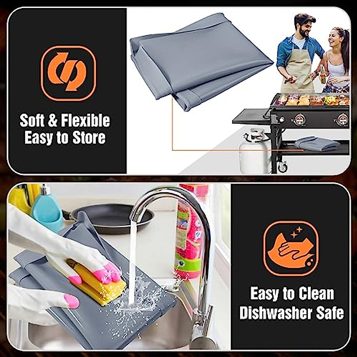 28" Silicone Griddle Mat for Blackstone, Baboies Upgraded Full-edge Grill Top Cover Food-Grade Silicone Mats Outdoor Grilling Reusable (28 inch, Grey)