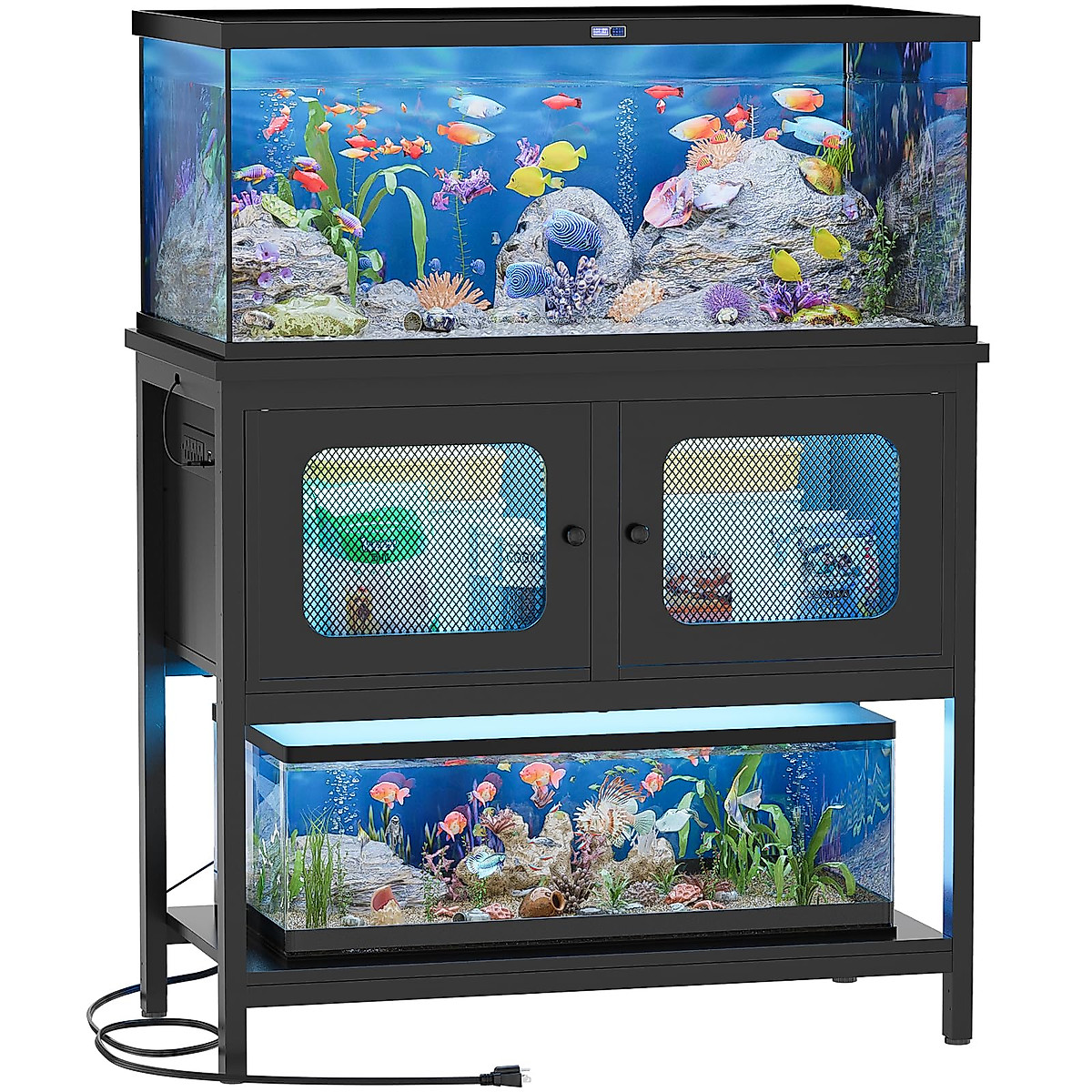 iSunirm 40 Gallon Fish Tank Stand with LED Light and Outlet, Metal Aquarium Stand with Cabinet and Accessories Storage, Reptile Tank Turtle Terrariums Table Stand Hold 880LBS and 2 Aquariums, Black