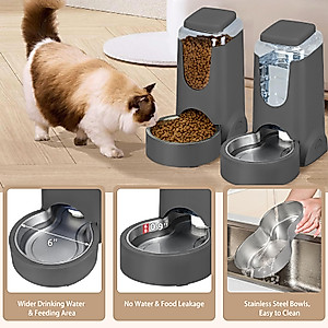 2 Pack Automatic Cat Feeder and Stainless Steel Water Dispenser, Gravity Dog Waterer Set Food Feeder and Waterer Set for Small Medium Kitten Puppy Pets(1 Gallon x 2, Charcoal Gray)