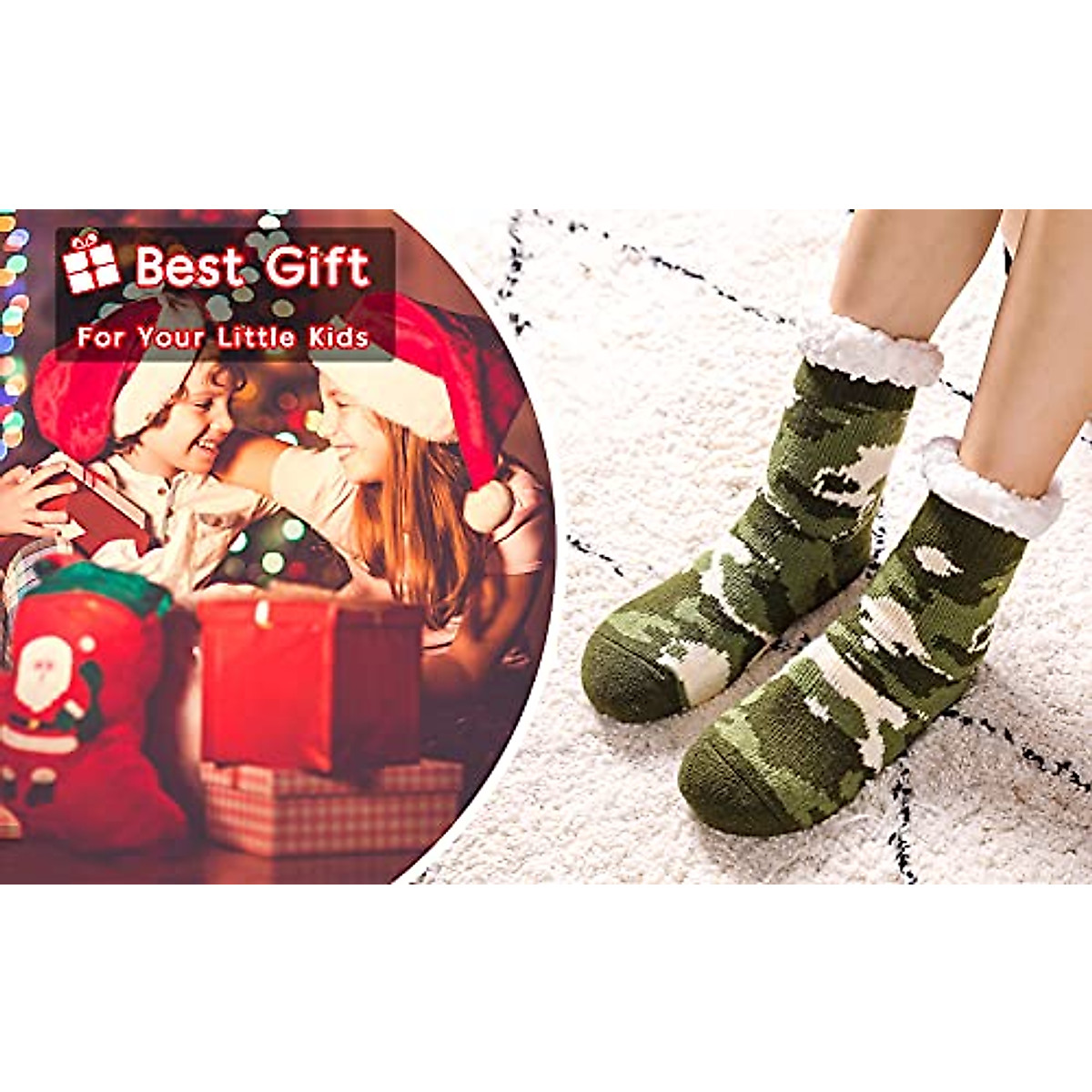 Kids Boys Girls Fuzzy Slipper Socks Soft Warm Thick Fleece lined Christmas Stockings For Child Toddler Winter Home Socks (Green Camouflage, 5-8 Years)
