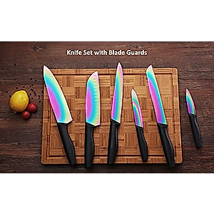 DISHWASHER SAFE Kitchen Knife Set, Marco Almond® KYA36 12-Piece Rainbow Titanium Stainless Steel Boxed Knives Set for Kitchen with Sheath, 6 Knives with 6 Blade Guards, Black