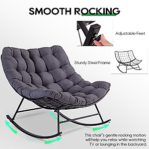PORWEY Patio Rocking Papasan Chair, Outdoor & Indoor Egg Reading Recliner Chair, Oversized Royal Comfy Lounge Rocker with Large Cushion and Ottoman for Bedroom, Living Room, Porch, Gray
