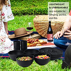28-Piece Wheat Straw Dinnerware Sets, Microwave & Dishwasher Safe Unbreakable Dinnerware Set, Reusable Dishware Sets, Lightweight Camping Dishes, Plates, Cups, Cereal Bowls for 4（Black）