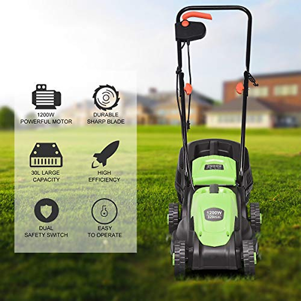 UIIAIOUIAIO Electric Lawn Mower, 14 Inch 12 Amp with Grass Bag and Height Adjustment for Green Lawns. Foldable Handle and Push Corded Design(Green)