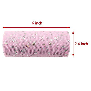 Ruiwaer 10 Yard Pink Star Sequins Tulle Sparkling Tulle 6" Width Tulle Roll for Handmade Crafts Such as Bows, Skirts or Gift Wrapping