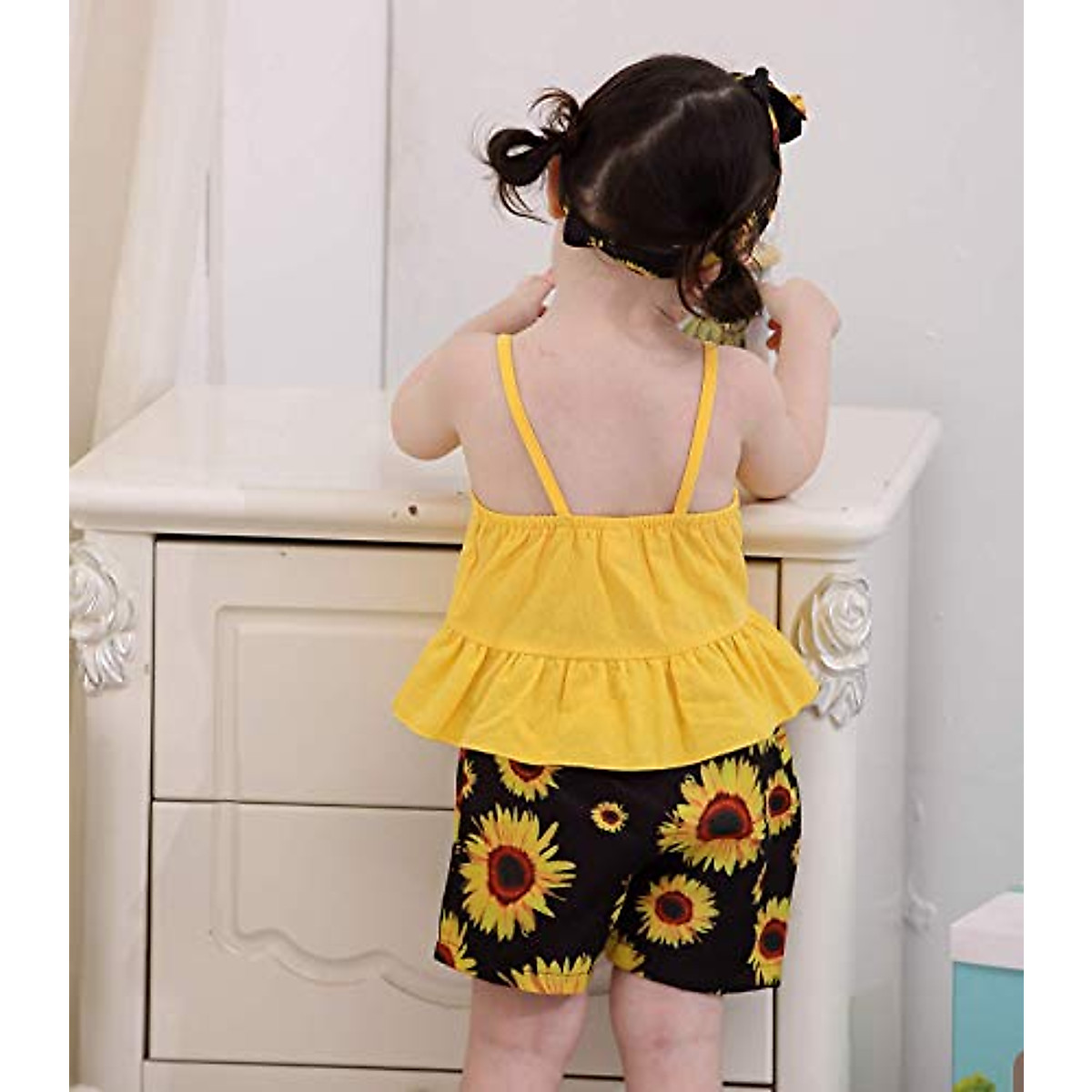 Kucnuzki Toddler Baby Girl Clothes Summer Outfits Ruffle Sleeveless Linen Shirt Kid Short Set for Girl (18-24 Months, Yellow+Black)