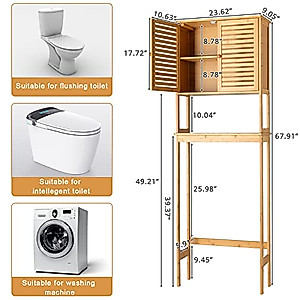 Bamboo Over The Toilet Storage Cabinet Organizer, Tall Bathroom Cabinet with Cupboard and Adjustable Shelves, Freestanding Toilet Shelf Space Saver Rack Stand for Laundry Room, Balcony (Natural)