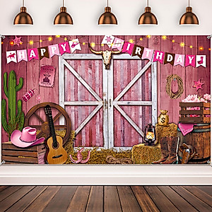 Breling Western Cowgirl Birthday Banner Cowboy Backdrop Photography Booth Prop Pink Cowgirl Party Background for Cowgirl Birthday Baby Shower Party Decorations Supplies, 71 x 43 Inch
