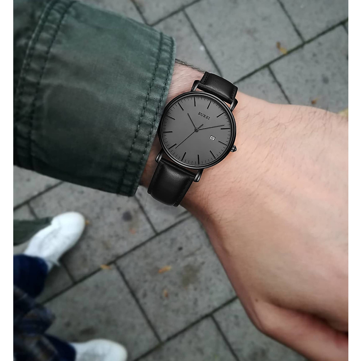 BUREI Men's Fashion Minimalist Wrist Watch Analog Date with Leather Strap (Dark Grey)