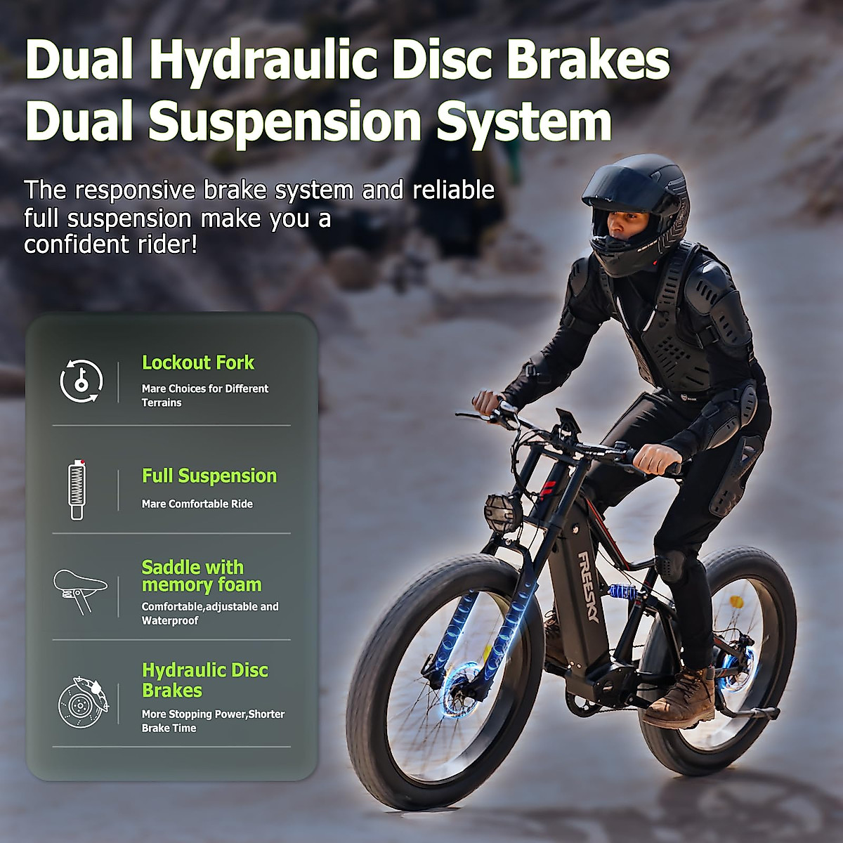 FREESKY 2024 Upgraded Electric Bike 𝟏𝟖𝟎𝟎𝐖, 48V 25Ah Battery Ebike for Adults, 26" Fat Tire Electric Bicycle 35MPH Full Suspension Mountain Beach E Bike, Up to 105 Miles Range