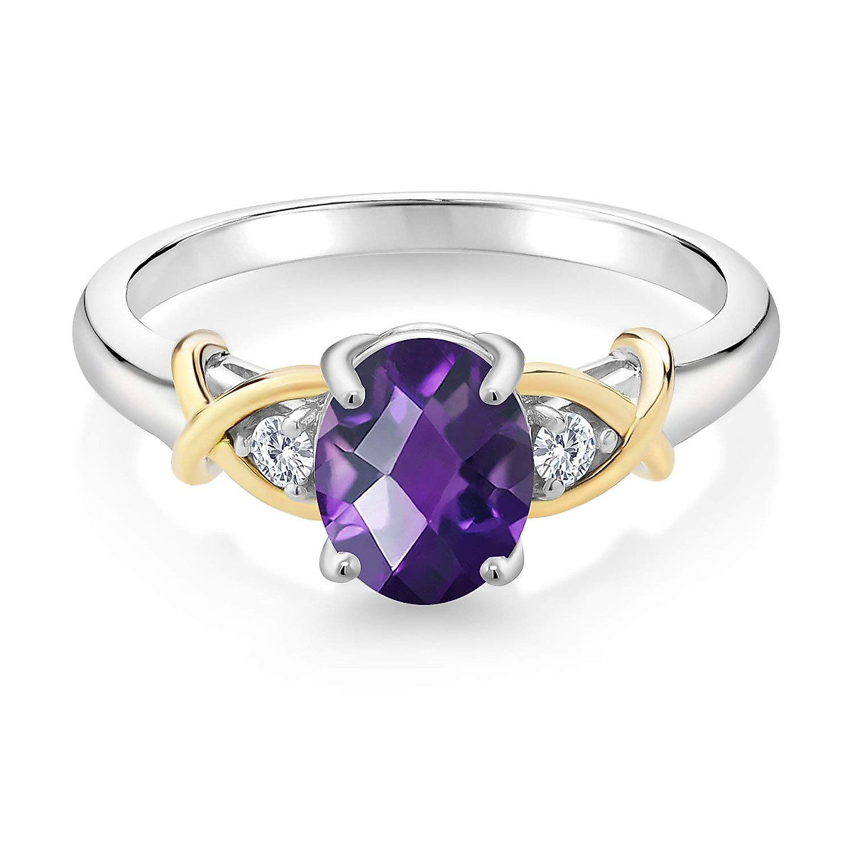 Gem Stone King 2 Tone 10K Yellow Gold and 925 Sterling Silver Oval Checkerboard Purple Amethyst and Lab Grown Diamond Engagement Ring For Women (1.28 Cttw, Available in Size 5,6,7,8,9)