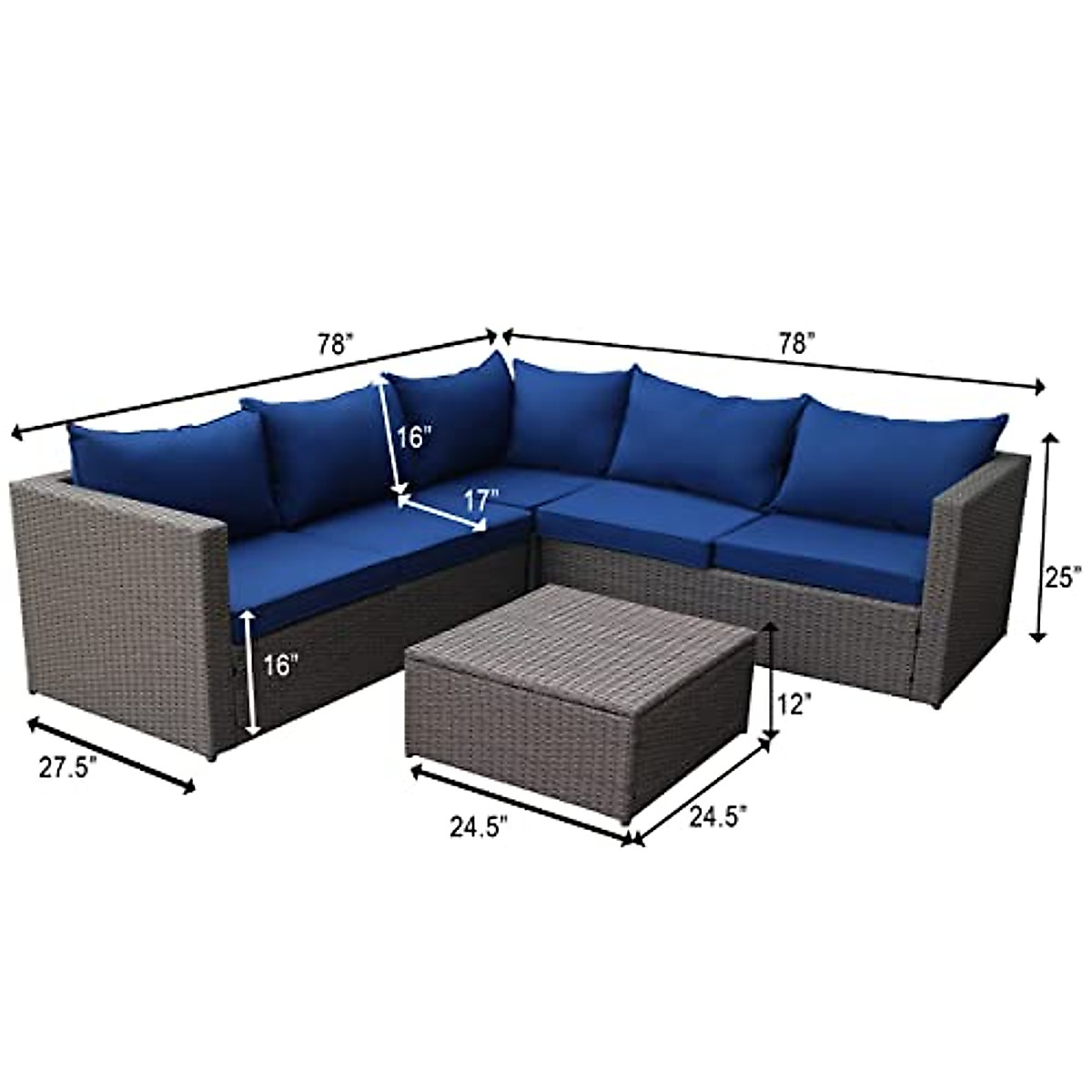 Outdoor Patio Furniture Set with Ottoman Square Coffee Table 4 Piece Patio Sectional Sofa Couch, Modern Brown Rattan Wicker with Seat Cushions - Navy Blue - Oliver & Smith - Sunny