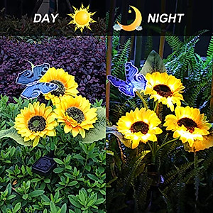 ANGMLN Solar Sunflower Lights Outdoor Decorative - 2 Pack Solar Flowers Lights Outdoor Garden Waterproof with Butterfly Decor Sunflower Garden Stake Lights for Yard Patio Lawn Pathway