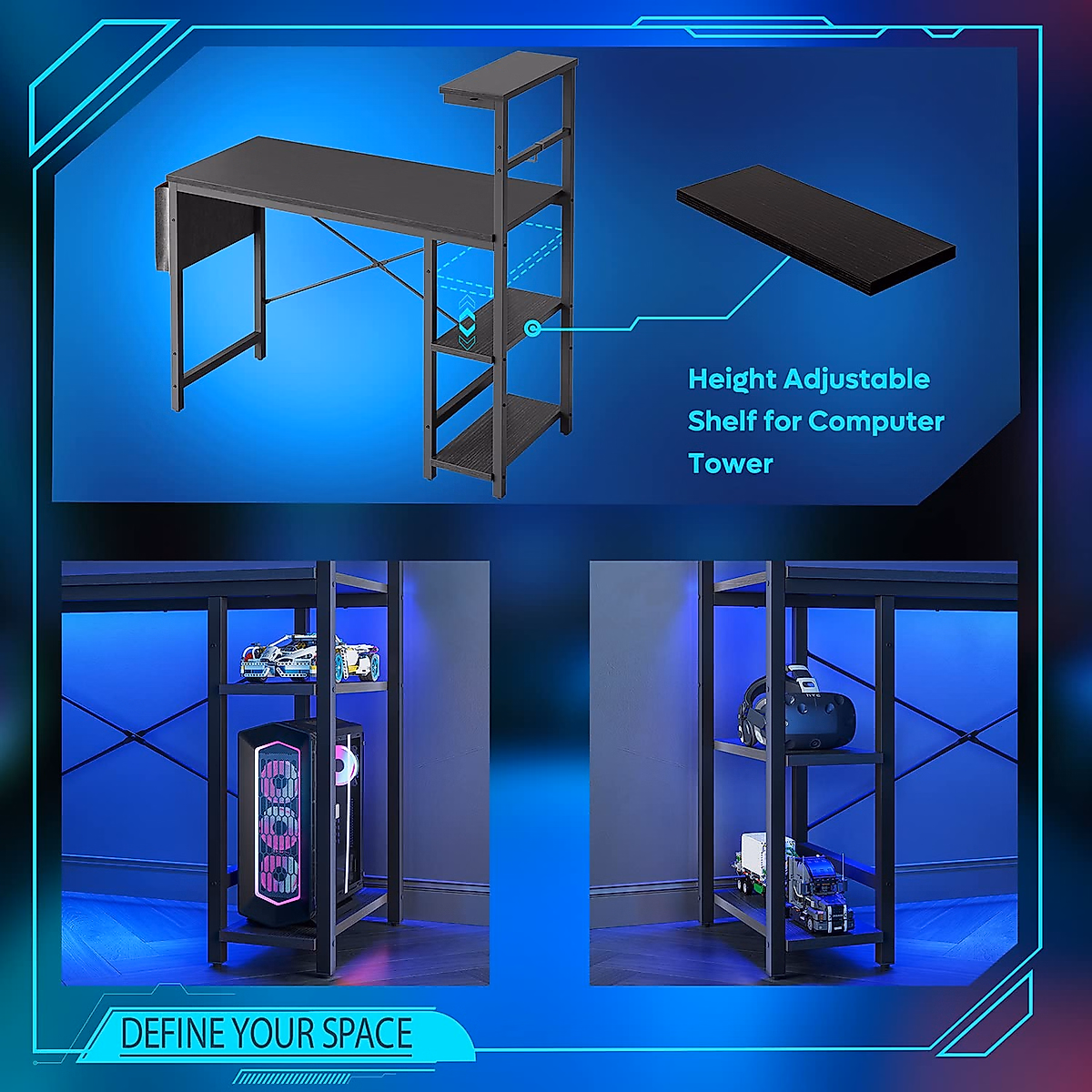 Bestier Gaming Desk with LED Lights, 44 Inch PC Gamer Desk for Small Spaces, Computer Desk with Reversible Storage Shelves & Side Storage Bag (Black Grained)