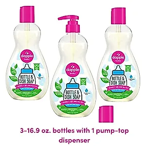 Dapple Baby Bottle Soap, Hypoallergenic Dish Soap for Baby Bottles, Powered by Plants, 1 Pump Included, Packaging May Vary, Fragrance Free, 16.9 Fl Oz (Pack of 3)