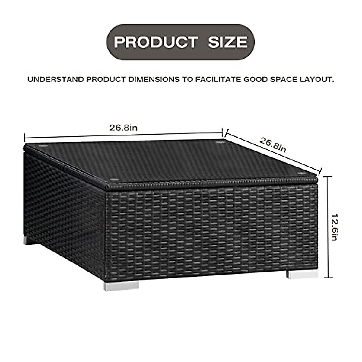 Betterland Patio Furniture Rattan Square Outdoor Coffee Tables, All-Weather Wicker Coffee Table with Tempered Glass Top for Living Room, Backyard, Balcony, Poolside, Garden (Black Brown)