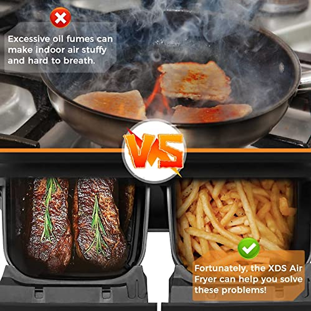 XDS 10-in-1 Dual Basket Air Fryer, 8-qt Oilless Cooker for Roasting, Baking, Dehydrate, Reheating and more, 2 Independent Baskets, Digital Touchscreen, Dishwasher-Safe Basket