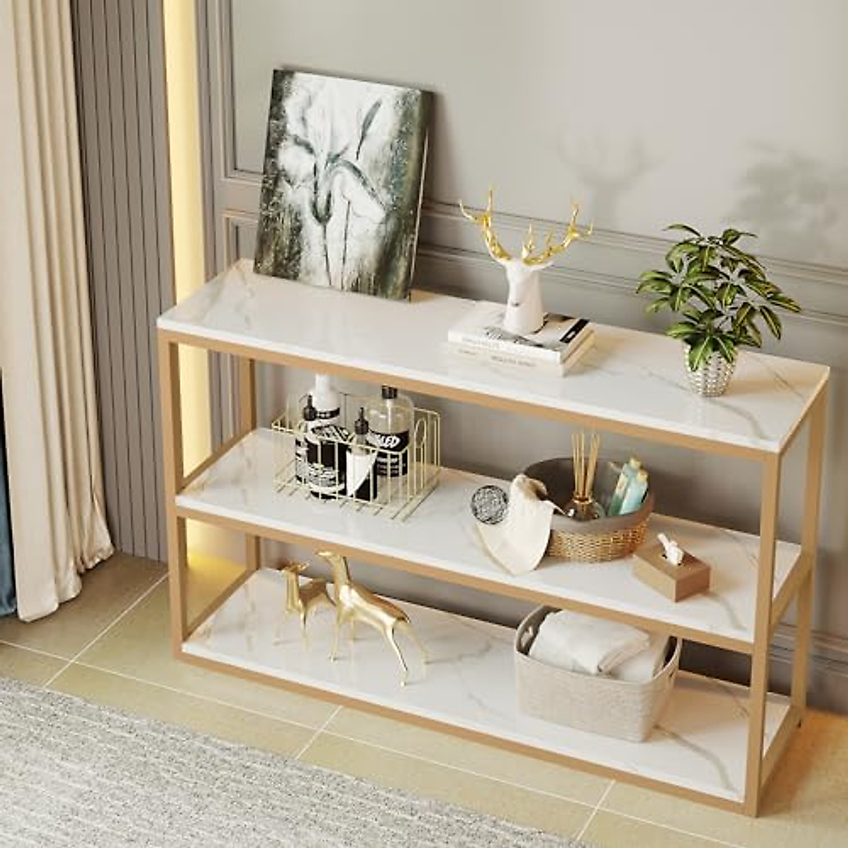 LITTLE TREE Modern Gold White Entryway Hallway Accent Console Table TV Stand with Faux Marble Veneer