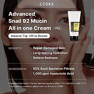 COSRX Snail Mucin 92% Moisturizer, Daily Repair Face Gel Cream Tube Type for Dry, Sensitive Skin, Not Tested on Animals, No Parabens, No Sulfates, No Phthalates, Korean Skincare (7.05Fl Oz / 200g)