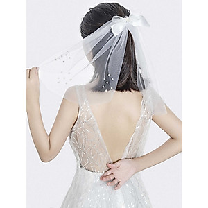 Campsis Wedding Bridal Veil White Pearl Tulle Short Veil Bow Knot 1 Tier Veil Bride Hair Accessories for Women and Girls (A-Clip)